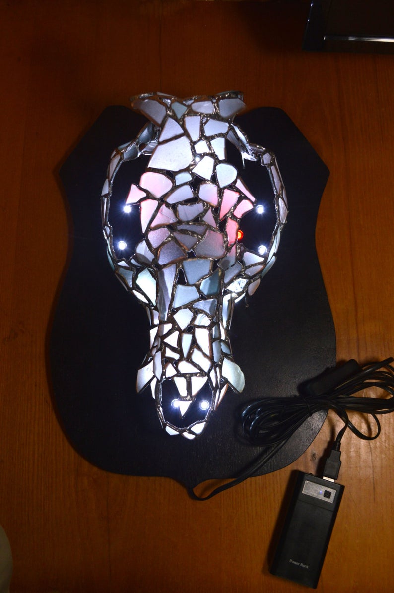 Wall skull art sconce, sea stained glass LED USB “Unknown beast skull ...