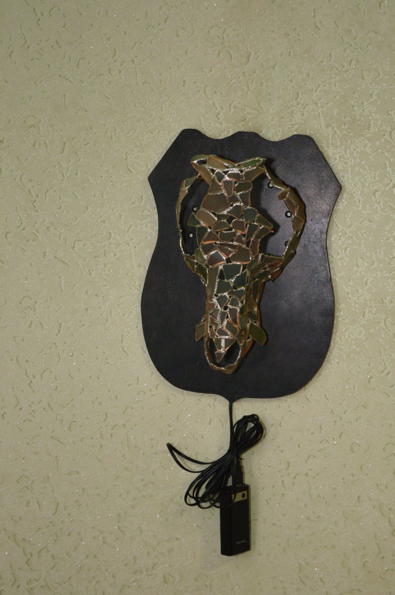 Wall skull art sconce, sea stained glass LED USB “Unknown beast skull ...