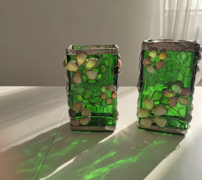 Set of 2 green vases decorated with sea shells, upcycled art, nautical ...