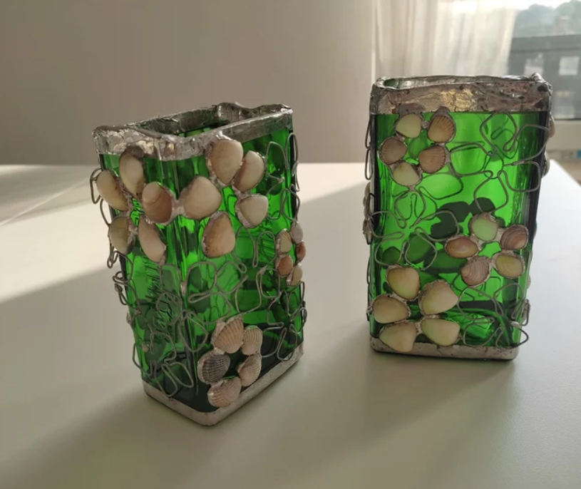 Set of 2 green vases decorated with sea shells, upcycled art, nautical ...