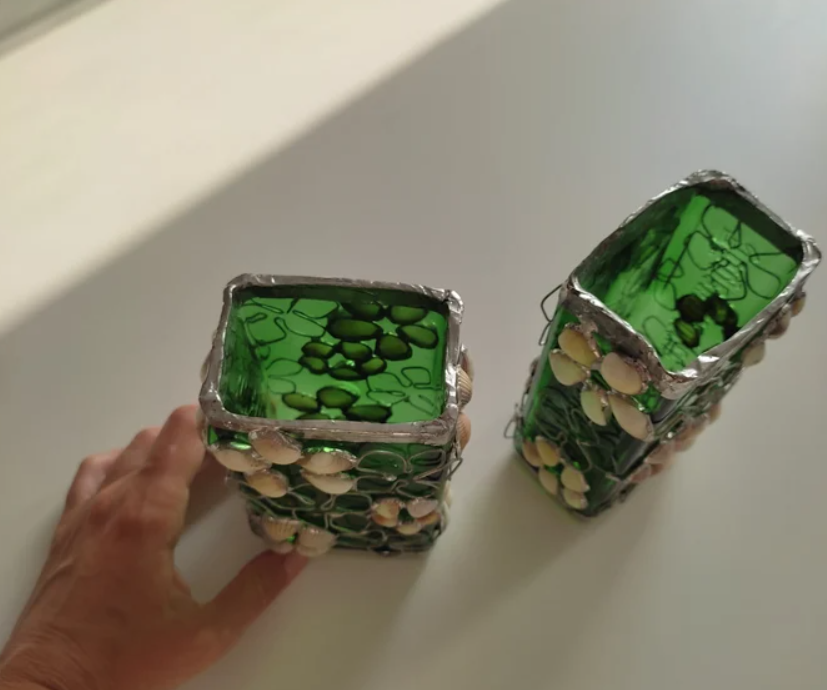 Set of 2 green vases decorated with sea shells, upcycled art, nautical ...