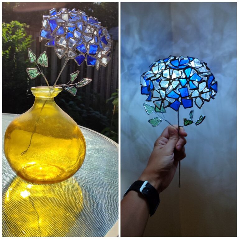 Stained glass hydrangea night light, bottle glass upcycled botanical ...