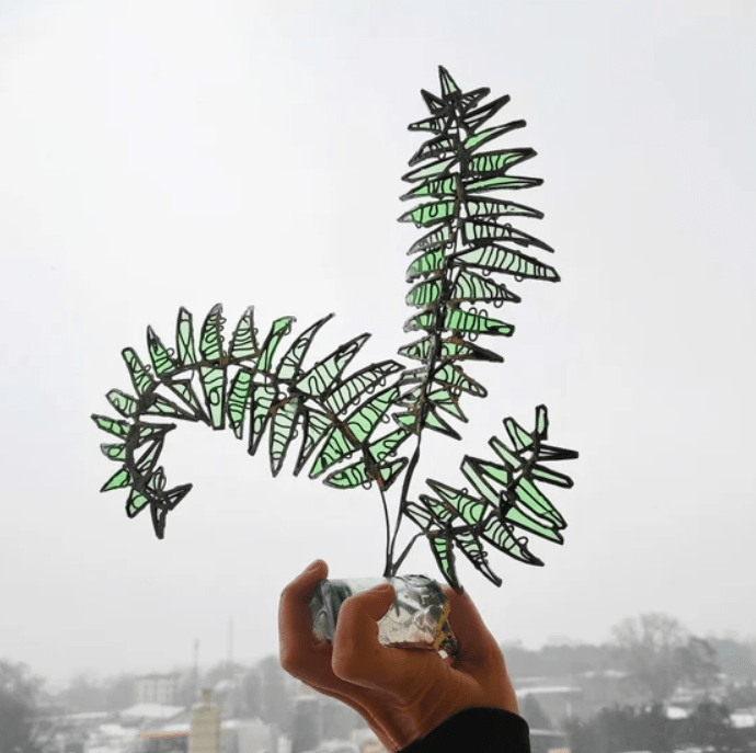 Stained glass fern, artificial upcycled flower, only one art decor ...