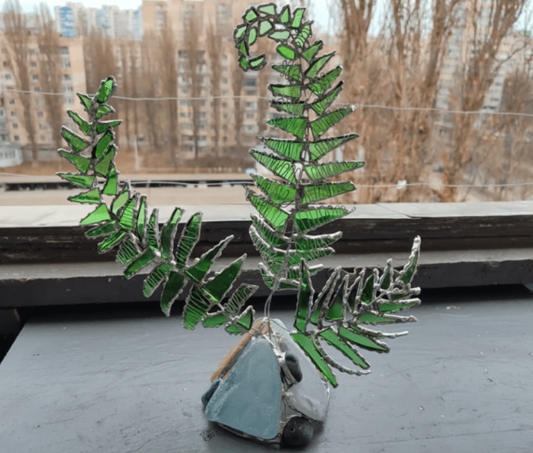 Stained glass fern, artificial upcycled flower, made to order art decor ...