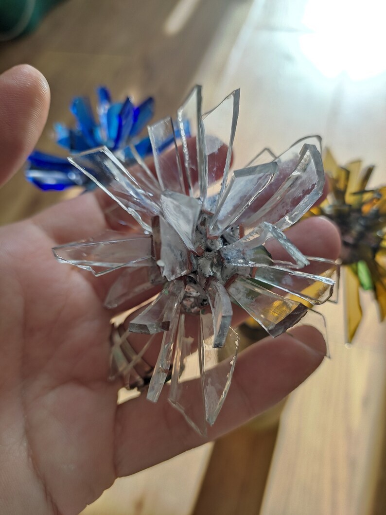Bottle glass aster chrysanthemum, upcycled botanical art – seastainedglass