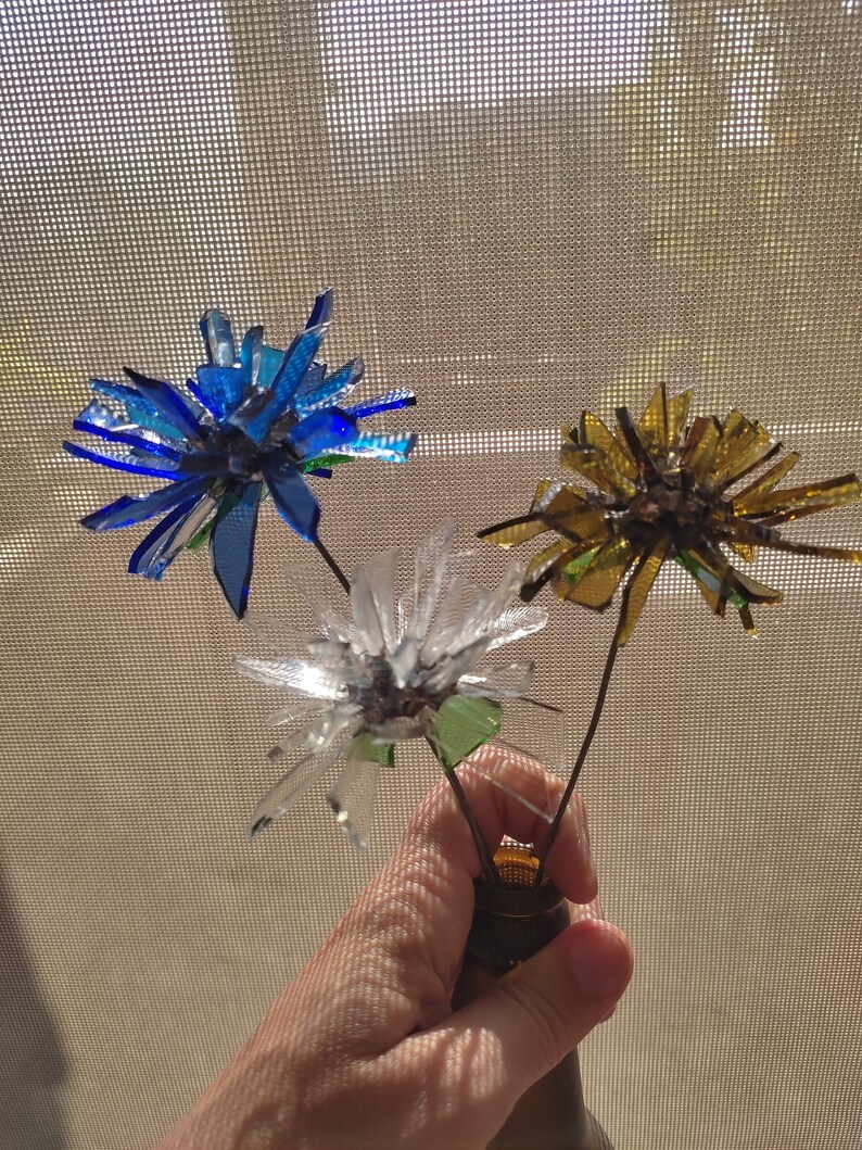 Bottle glass aster chrysanthemum, upcycled botanical art – seastainedglass