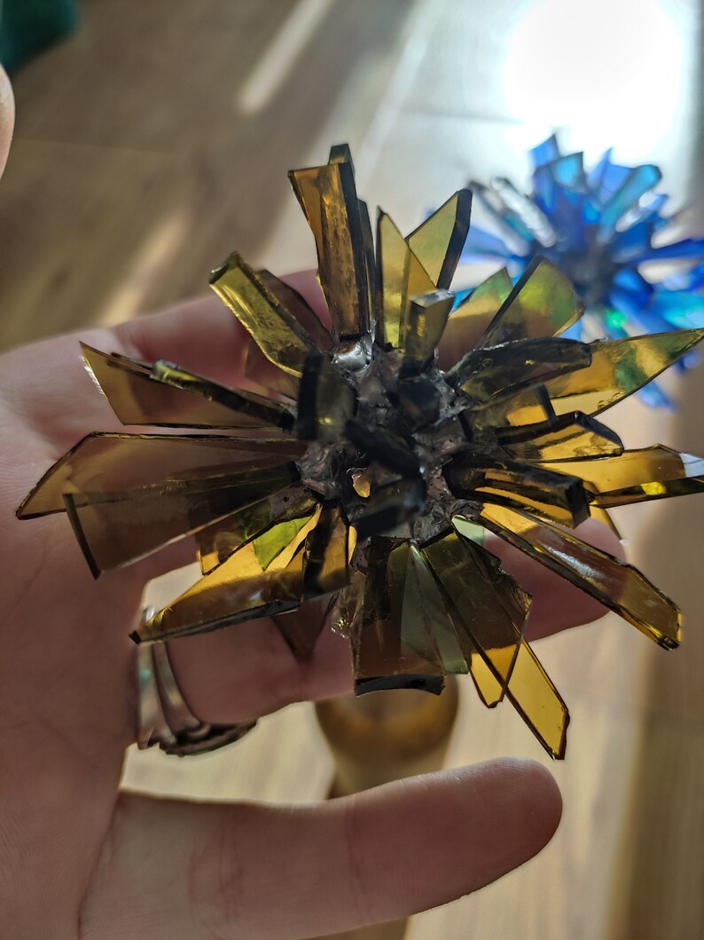 Bottle glass aster chrysanthemum, upcycled botanical art – seastainedglass