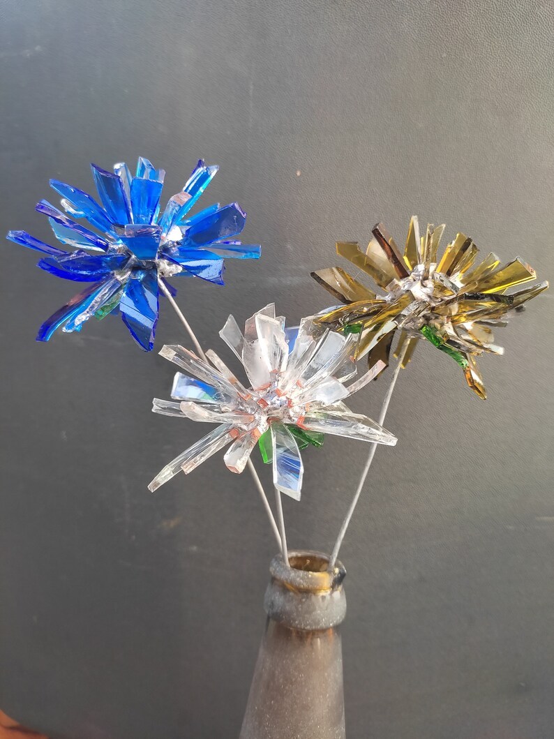 Bottle glass aster chrysanthemum, upcycled botanical art – seastainedglass