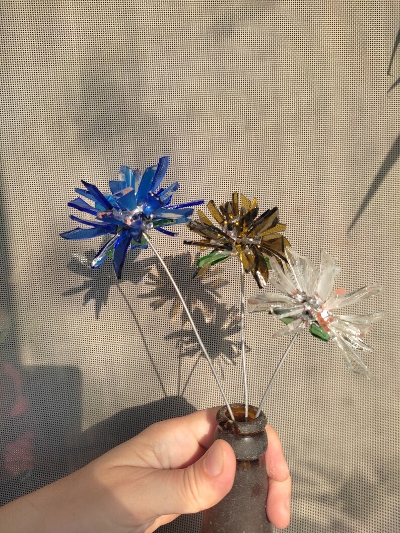 Bottle glass aster chrysanthemum, upcycled botanical art – seastainedglass